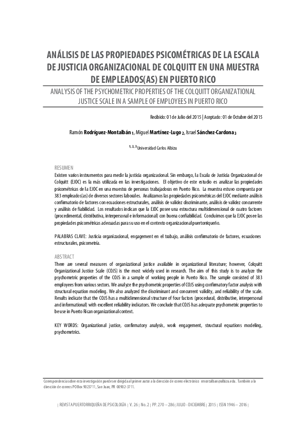 (PDF) Analysis of the Psychometric Properties of the Colquitt Organizational Justice Scale in a ...