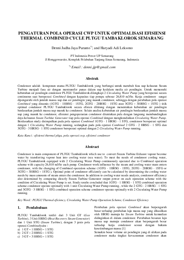 (PDF) Pengaturan Pola Operasi CWP Untuk Optimalisasi Efisiensi Thermal Combined Cycle Pltgu ...
