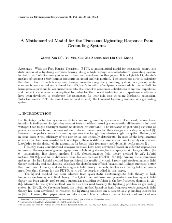 Pdf A Mathematical Model For The Transient Lightning Response From Grounding Systems