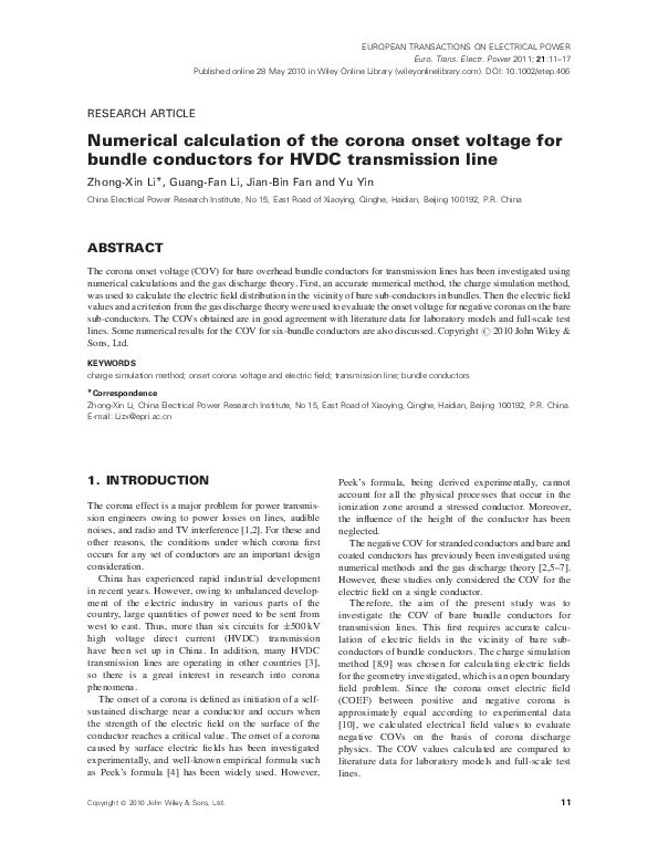 (PDF) Numerical calculation of the corona onset voltage for bundle ...