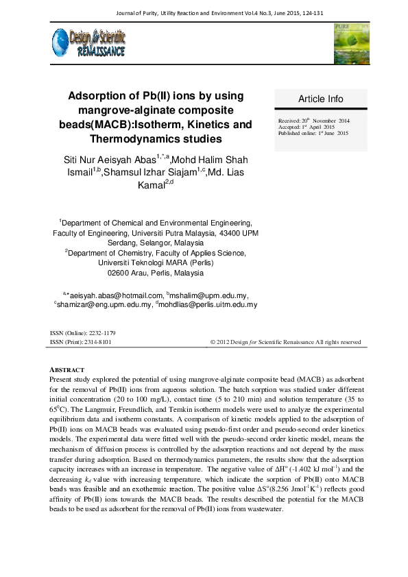 (PDF) Adsorption of Pb(II) ions by using mangrove-alginate composite beads(MACB):Isotherm ...
