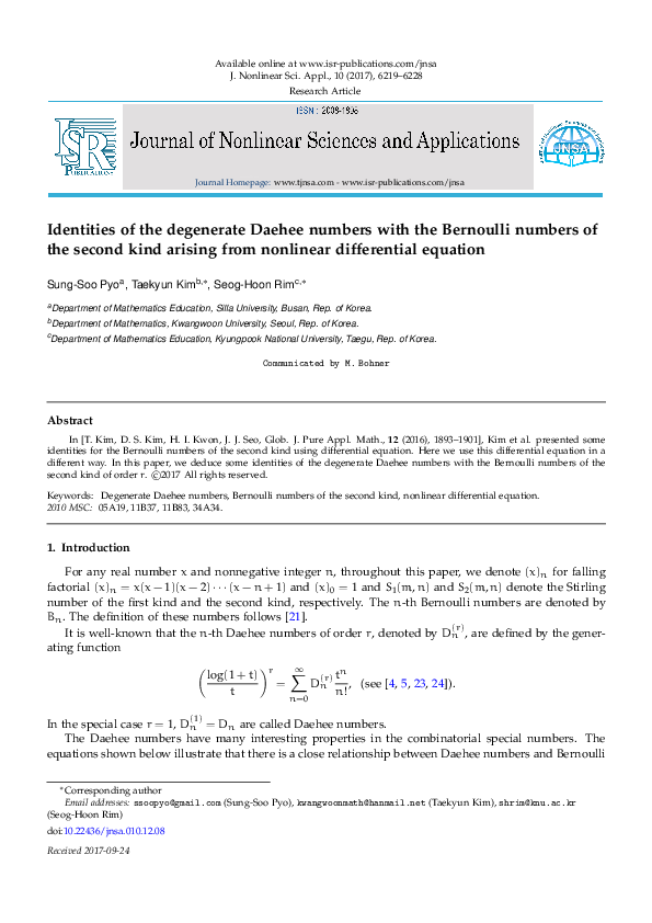 Pdf Identities Of The Degenerate Daehee Numbers With The Bernoulli Numbers Of The Second Kind