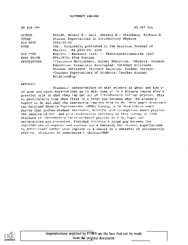 (PDF) Student expectations in introductory physics