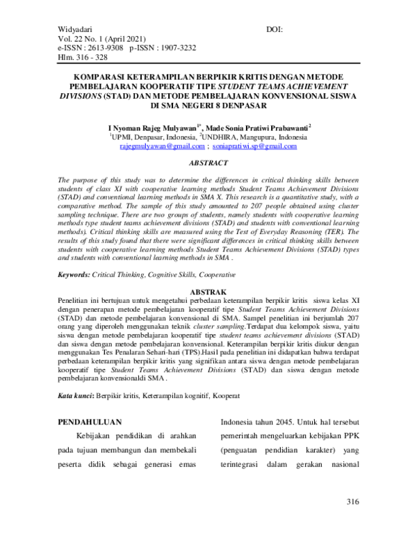 (PDF) Komparasi Keterampilan Berpikir Kritis Dengan Metode Pembelajaran Kooperatif Tipe Student ...