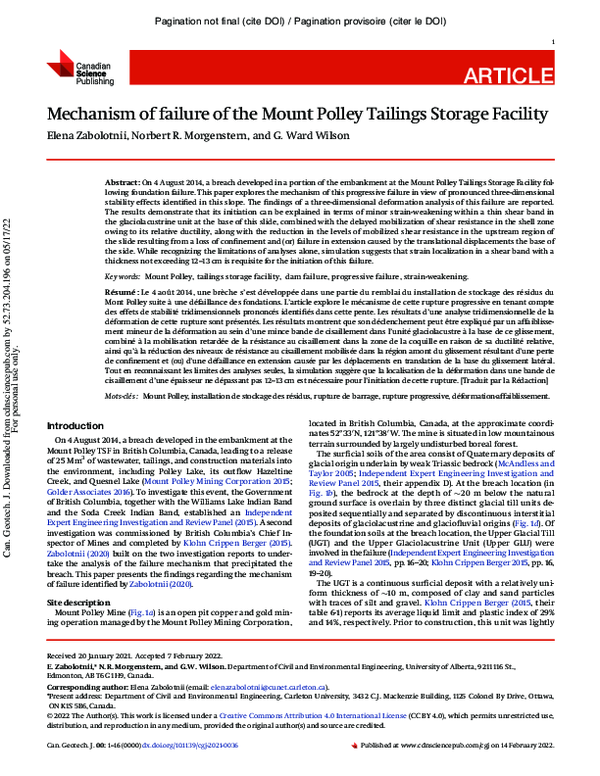 (PDF) Mechanism of Failure of the Mount Polley Tailings Storage Facility