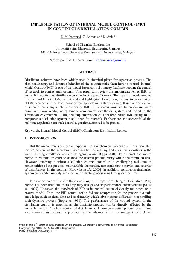 (PDF) Implementation Of Internal Model Control (IMC) In Continuous Distillation Column