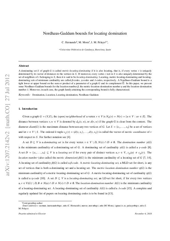 (PDF) Nordhaus–Gaddum bounds for locating domination
