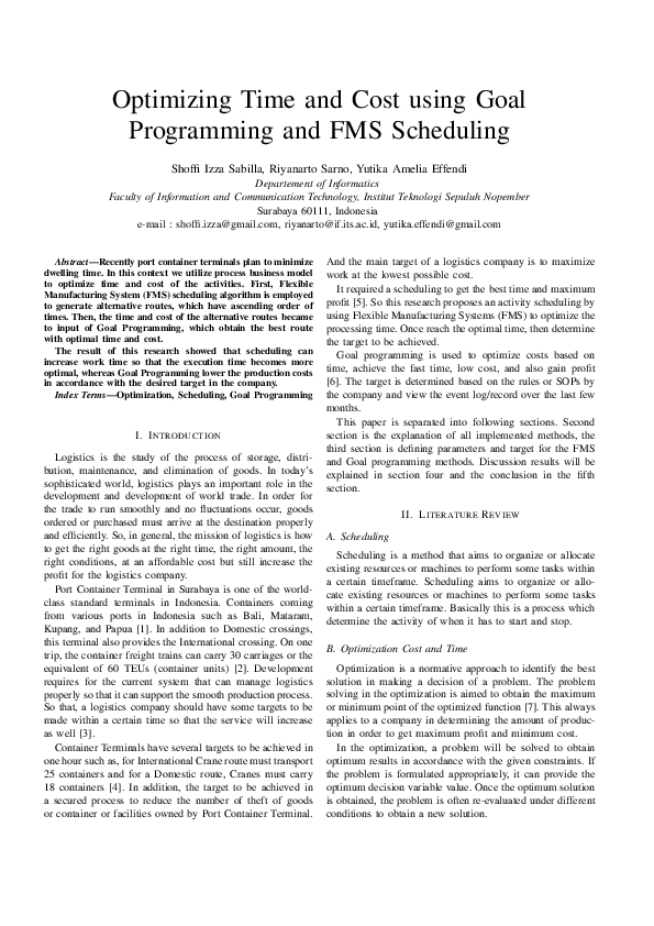 (PDF) Optimizing time and cost using goal programming and FMS scheduling