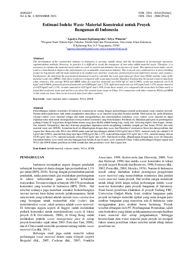 (PDF) Estimasi Indeks Waste Material Konstruksi Untuk Proyek Bangunan ...