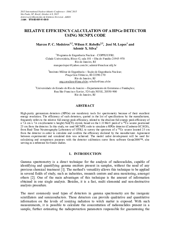 (PDF) RELATIVE EFFICIENCY CALCULATION OF A HPGe DETECTOR USING MCNPX CODE