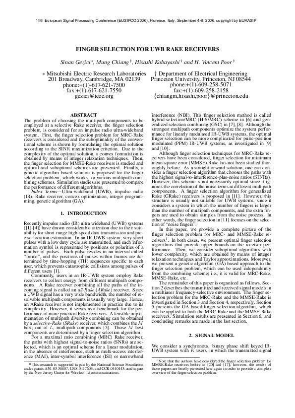 (PDF) Finger Selection For Uwb Rake Receivers | Hisashi Kobayashi ...
