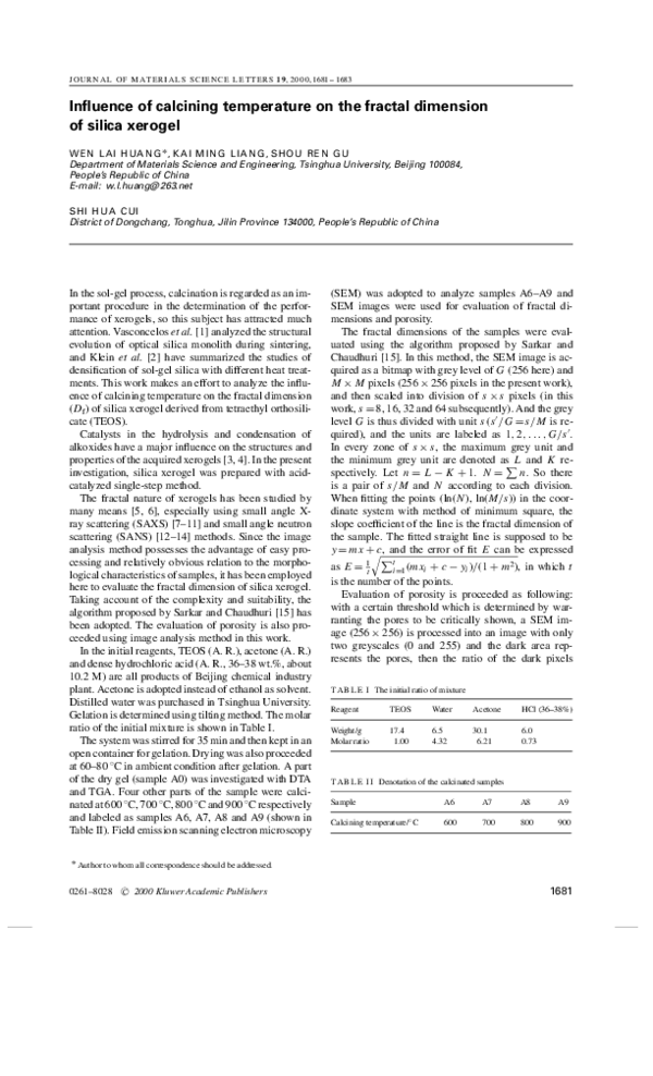 (PDF) Influence of calcining temperature on the fractal dimension of silica xerogel