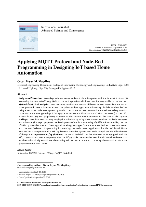 (PDF) Applying MQTT Protocol and Node-Red Programming in Designing loT based Home Automation