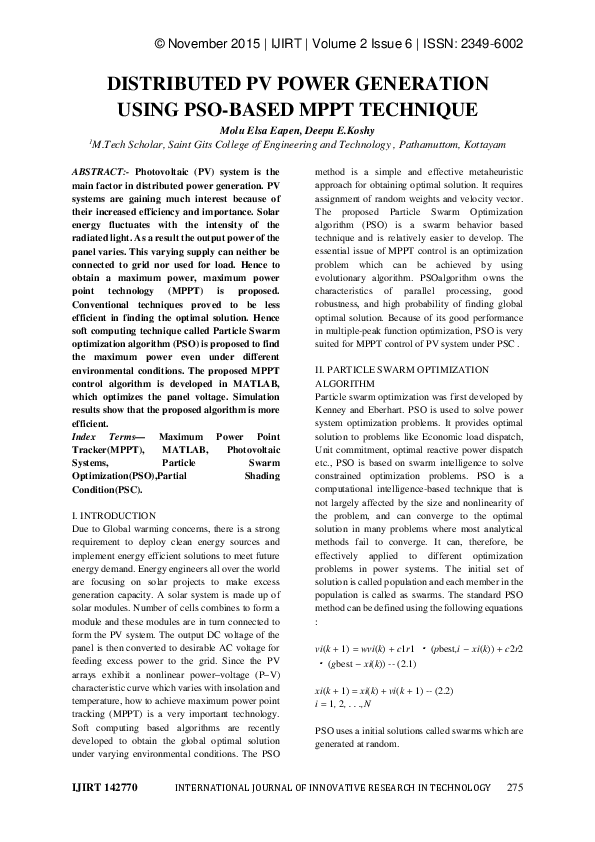 (PDF) Distributed PV Power Generation Using PSO-based MPPT Technique