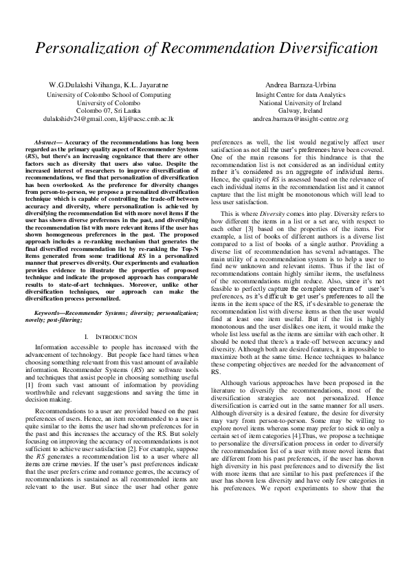 (PDF) Personalization of Recommendation Diversification