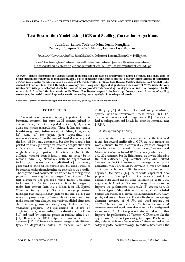 (PDF) Text Restoration Model Using OCR and Spelling Correction Algorithms