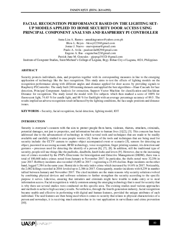 Pdf Facial Recognition Performance Based On The Lighting Set Up Models Applied To Home