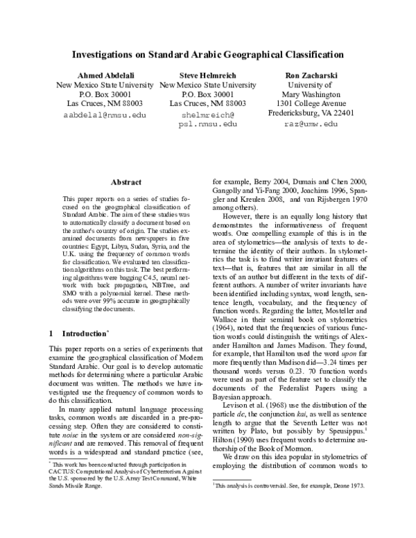 (PDF) Investigations on Standard Arabic Geographical Classification