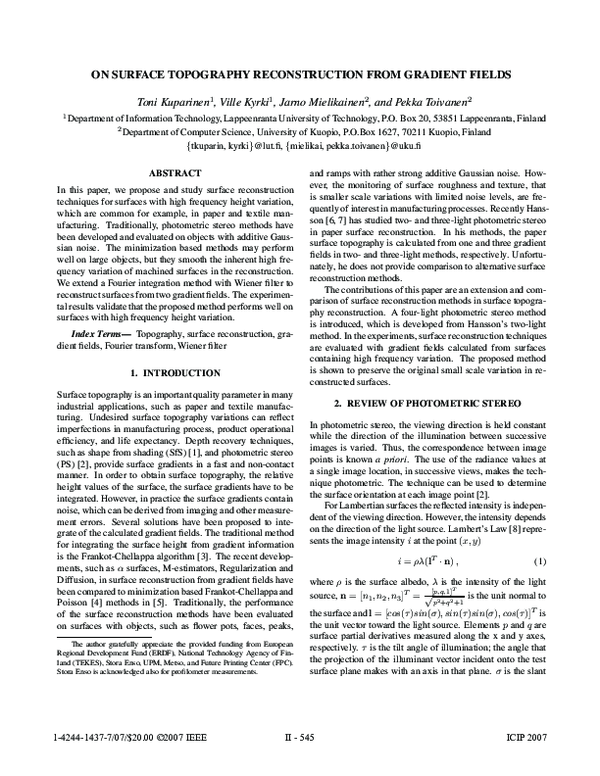 (PDF) On Surface Topography Reconstruction from Gradient Fields