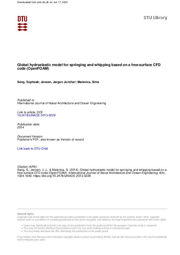 Pdf Global Hydroelastic Model For Springing And Whipping Based On A Free Surface Cfd Code