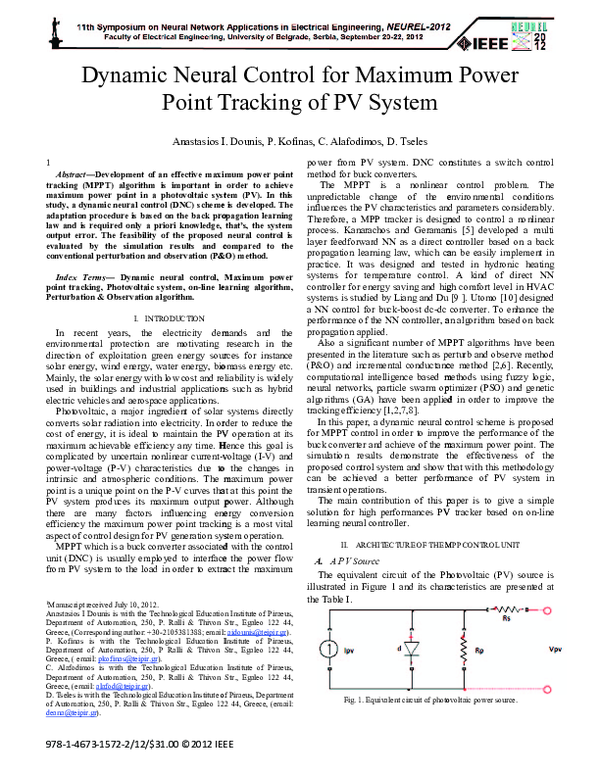 Pdf Dynamic Neural Control For Maximum Power Point Tracking Of Pv System