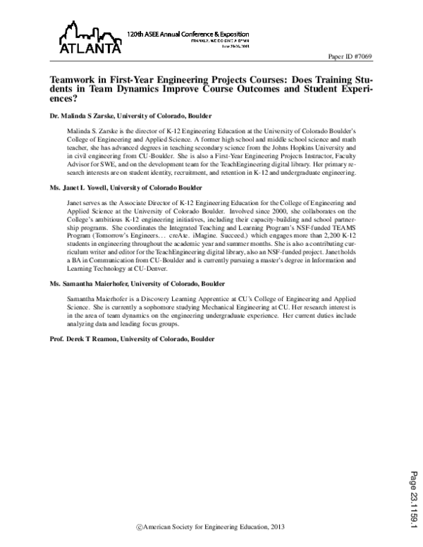 (PDF) Teamwork in First-Year Engineering Projects Courses: Does ...