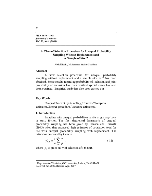 (PDF) A Class of Selection Procedure for Unequal Probability Sampling Without Replacement and A ...