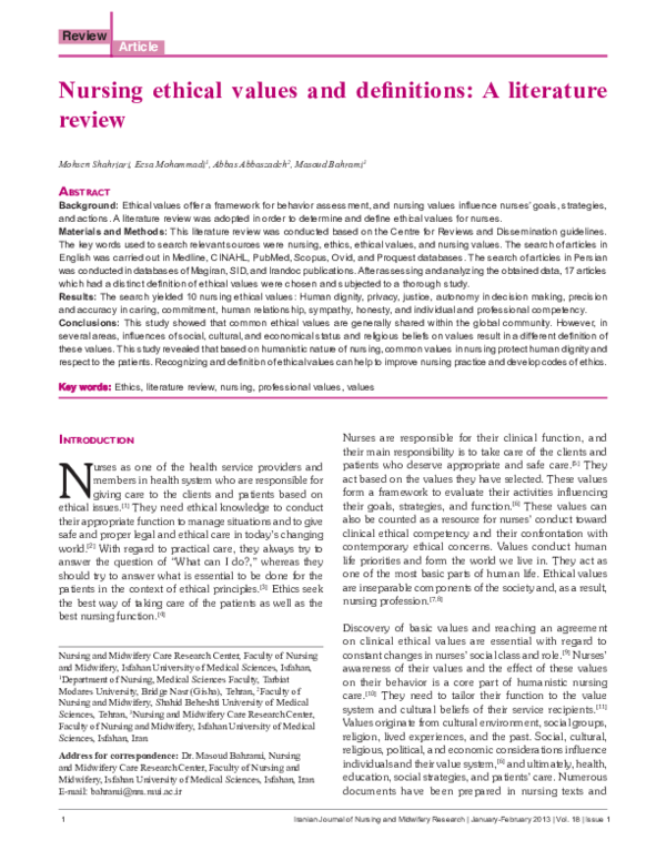 (PDF) Nursing ethical values and definitions: A literature review