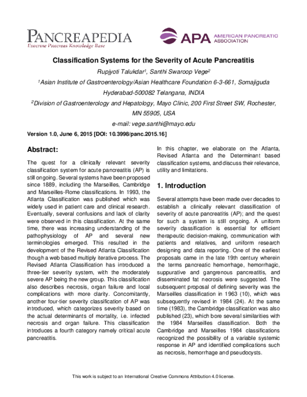 (PDF) Classification Systems for the Severity of Acute Pancreatitis