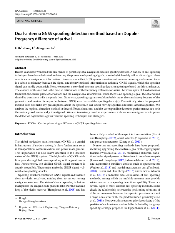 Pdf Dual Antenna Gnss Spoofing Detection Method Based On Doppler Frequency Difference Of Arrival