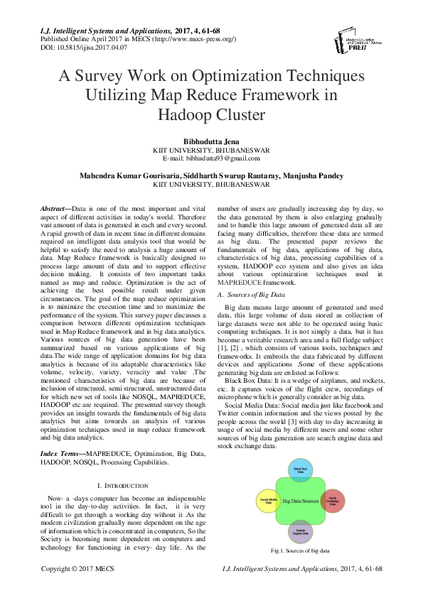 Pdf A Survey Work On Optimization Techniques Utilizing Map Reduce