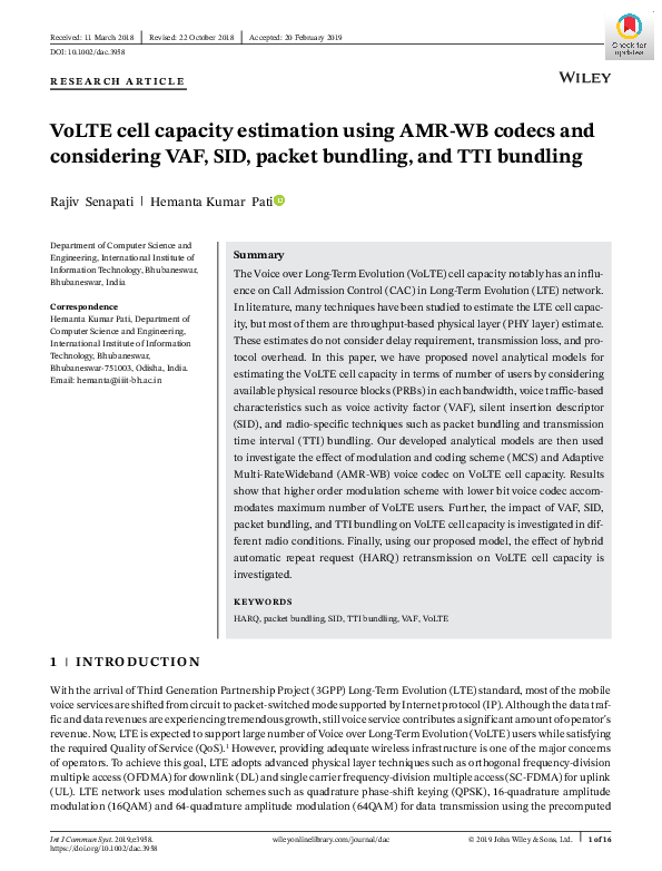 (PDF) VoLTE Cell Capacity Estimation Using AMR-WB Codec