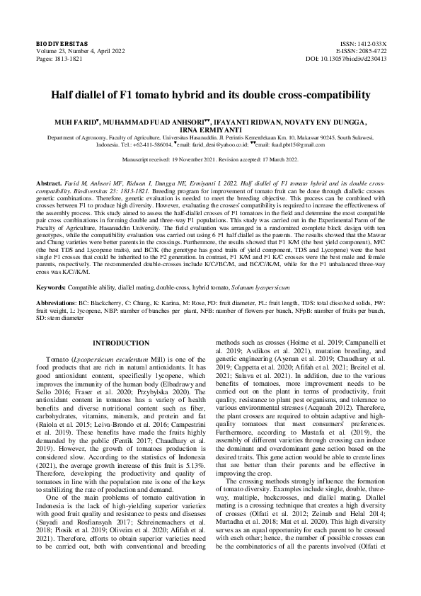 (PDF) Half diallel of F1 tomato hybrid and its double cross ...