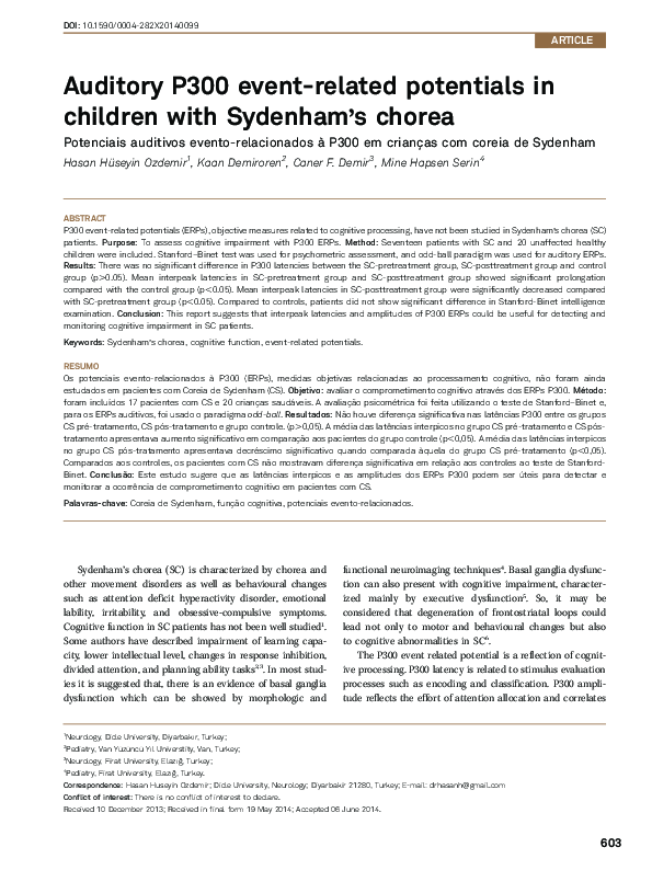 (PDF) Auditory P300 Event-Related Potentials in Children with Sydenham ...
