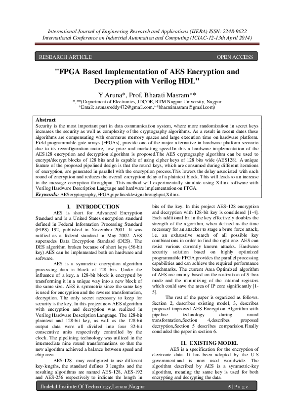 (PDF) FPGA Based Implementation of AES Encryption and Decryption with ... (PDF) FPGA Based Implementation of AES Encryption and Decryption with ...