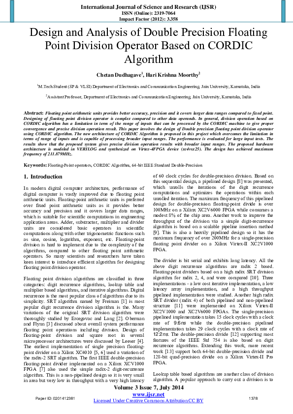 Pdf Design And Analysis Of Double Precision Floating Point Division Operator Based On Cordic