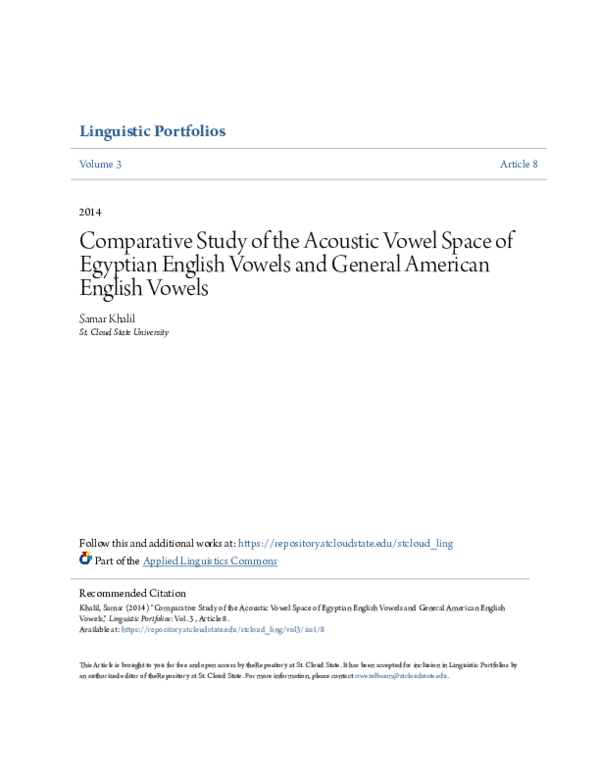(PDF) Comparative Study of the Acoustic Vowel Space of Egyptian English ...