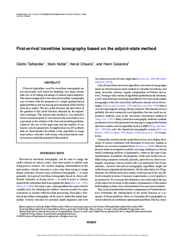 First Arrival Traveltime Tomography Based On The Adjoint State Method