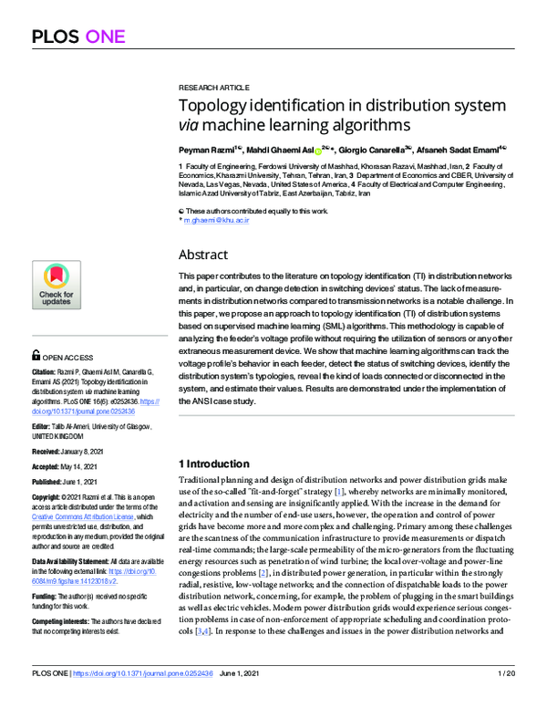 Pdf Topology Identification In Distribution System Via Machine Learning Algorithms