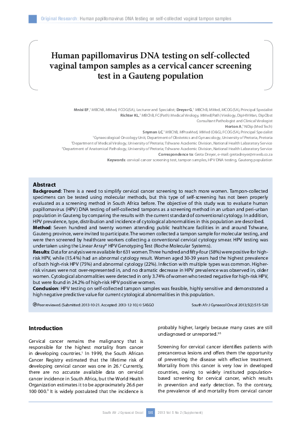 (PDF) Human papillomavirus DNA testing on self-collected vaginal tampon ...
