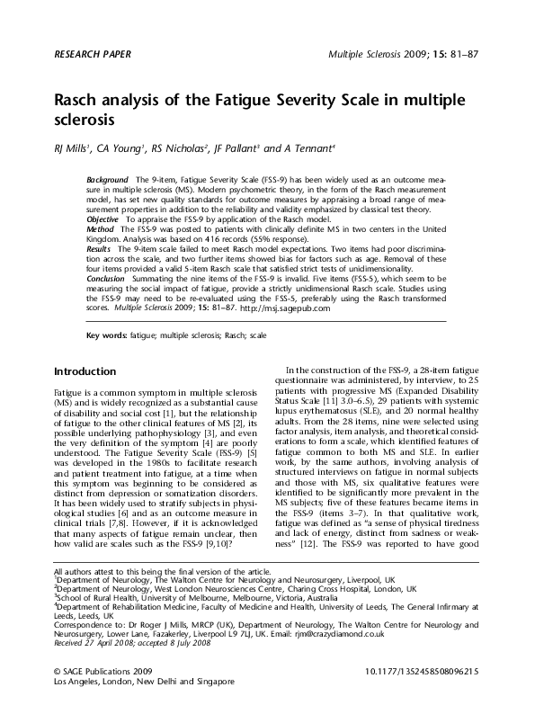 (PDF) Rasch analysis of the Fatigue Severity Scale in multiple sclerosis