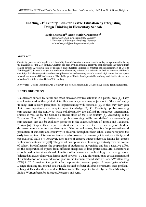 (PDF) Enabling 21st century skills for textile education by integrating design thinking in ...