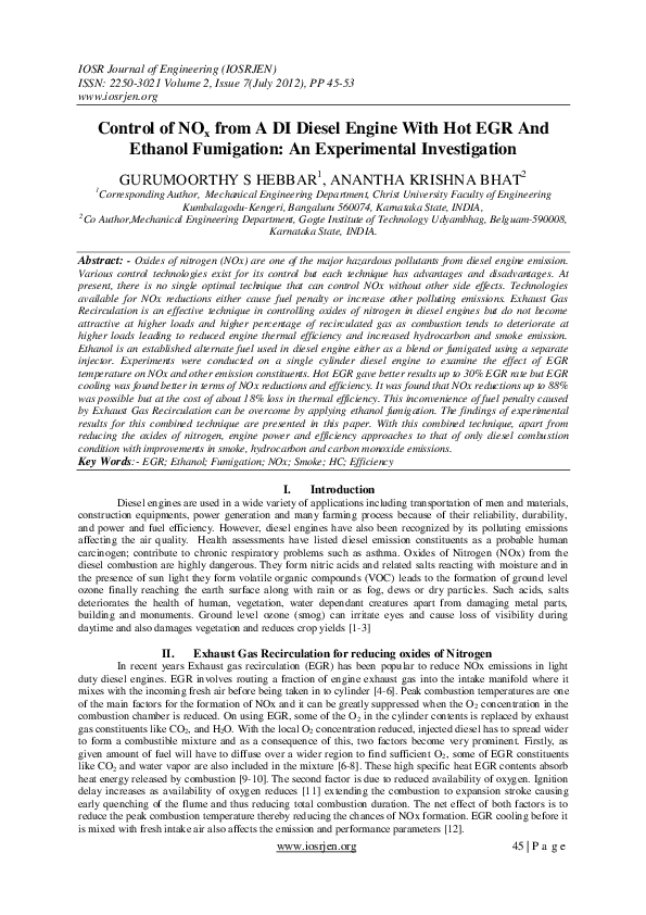 (PDF) Control of NOx from A DI Diesel Engine With Hot EGR And Ethanol ...