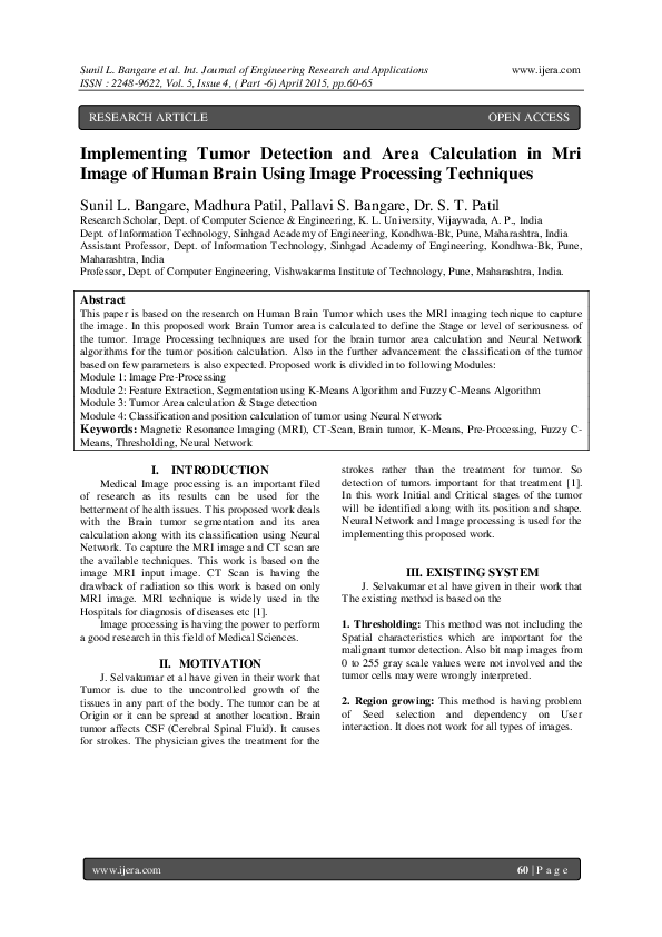 Pdf Implementing Tumor Detection And Area Calculation In Mri Image Of