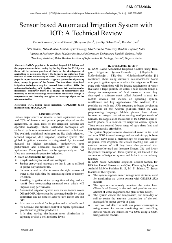 (PDF) Sensor based Automated Irrigation System with IOT: A Technical Review