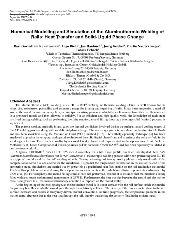 (PDF) Numerical Modelling and Simulation of the Aluminothermic Welding of Rails: Heat Transfer ...