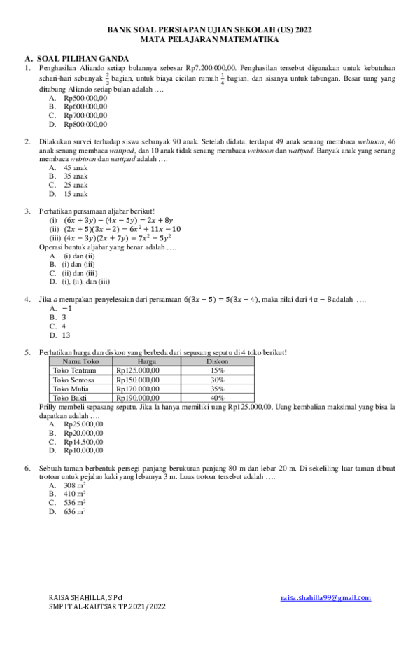 (PDF) BANK SOAL MATEMATIKA SMP 2022