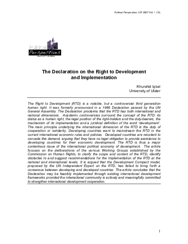 (PDF) The Declaration on the Right to Development and Implementation
