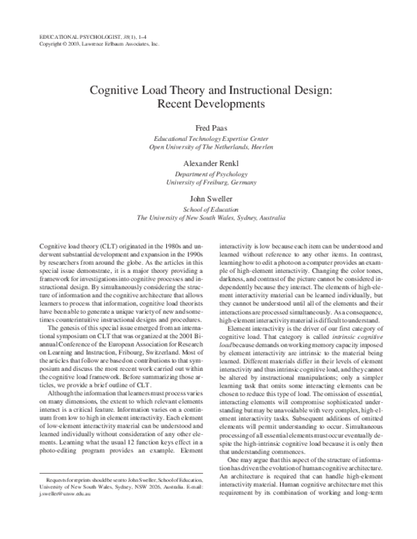 (PDF) Cognitive Load Theory and Instructional Design: Recent Developments