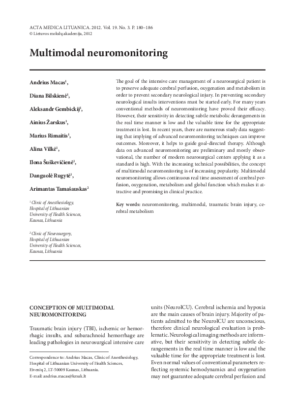 Pdf Multimodal Neuromonitoring